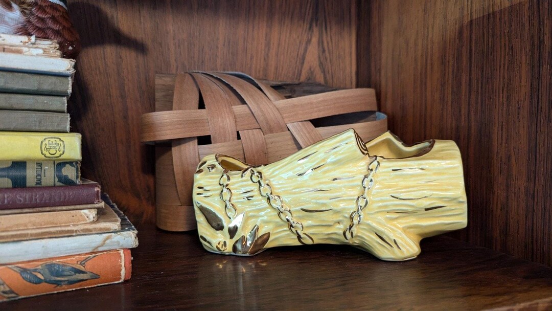 Vintage Mid-century Yellow Ceramic Log Planter With Gold Chain Accents ...
