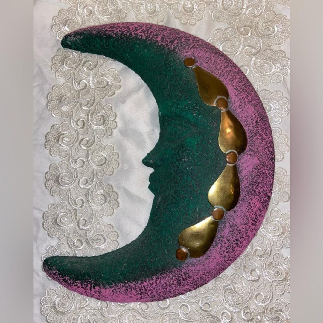 Vintage 1990s Half Moon Face | Concrete Crescent Moon Wall Decor | Boho ...