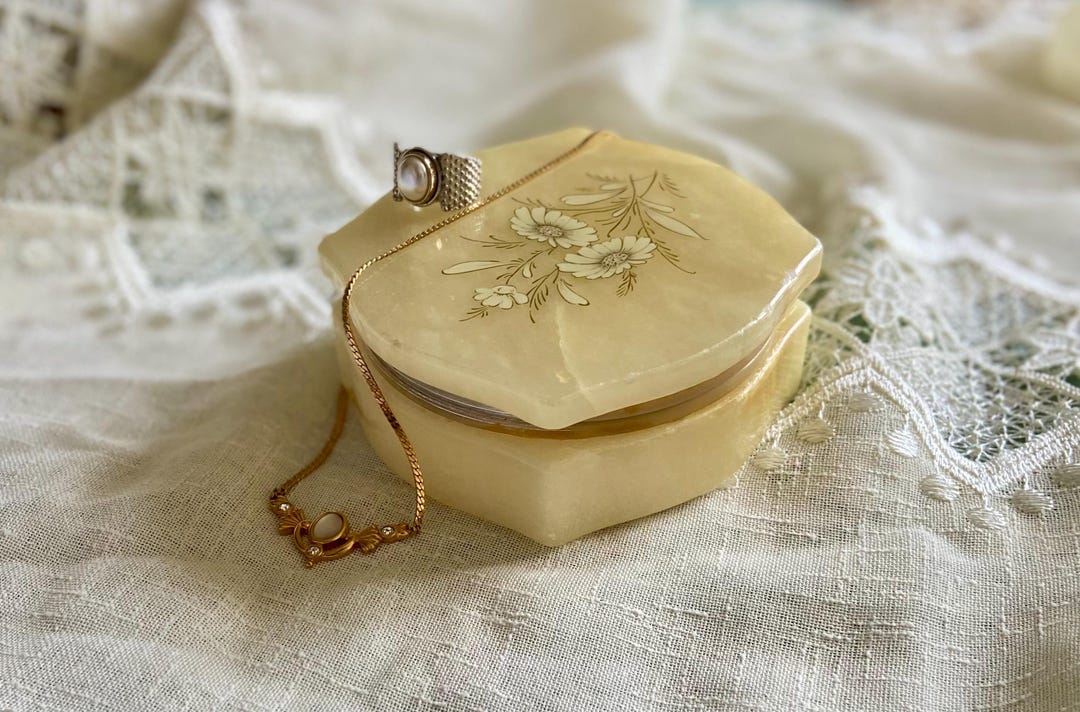 Vintage Alabaster Jewelry Box Floral Carved Octagon Cream Trinket ...