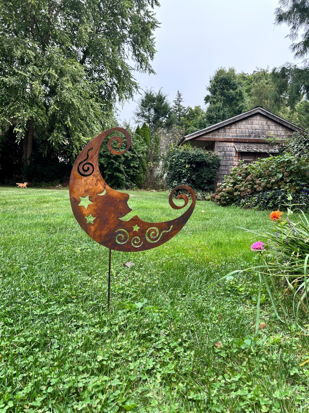 Moon Wall Art or Crescent Moon Garden Stake, Metal Garden Art, Thinking ...