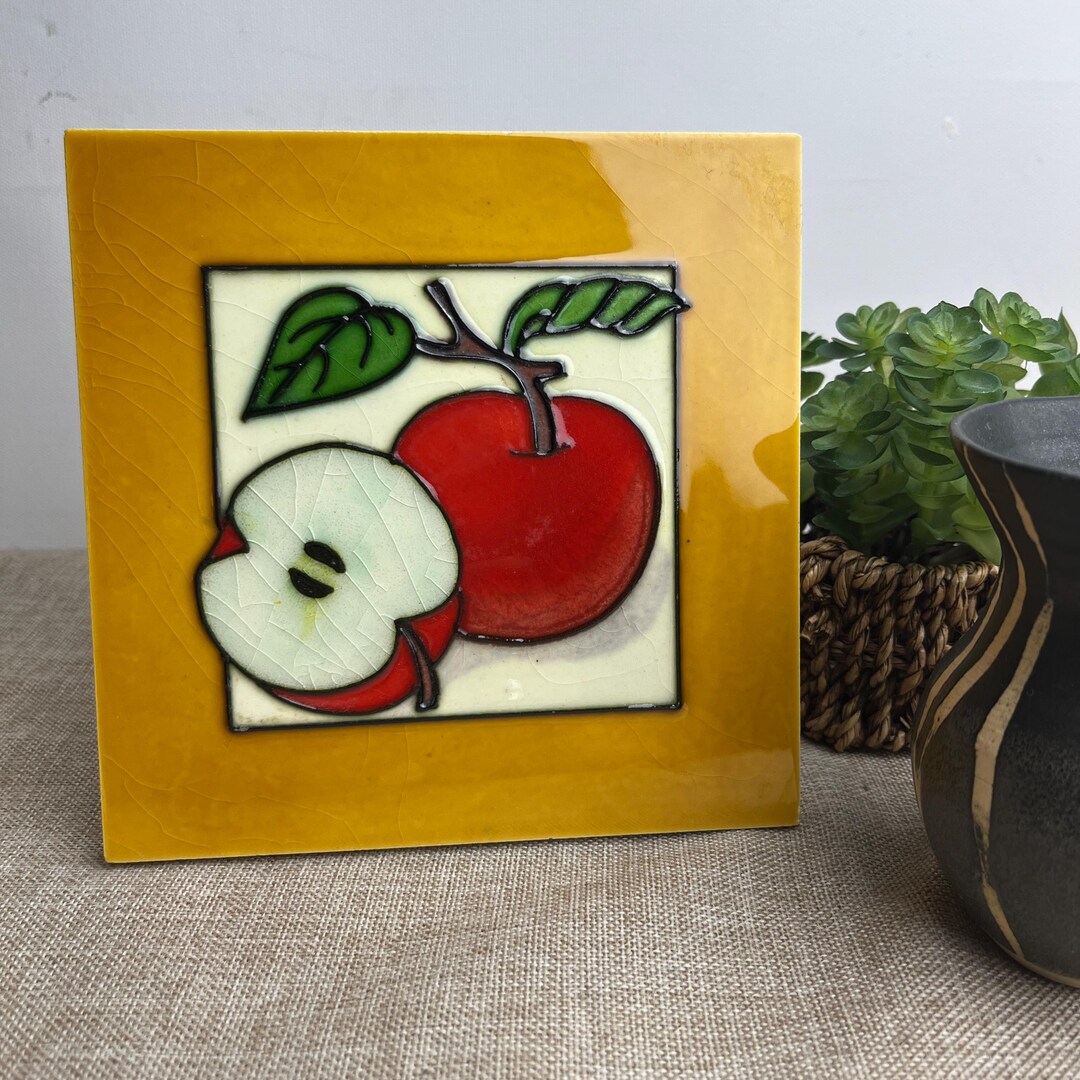 Vintage Ceramic Apple Tile 6” | Red Apple Kitchen Decor | Yellow Glazed ...