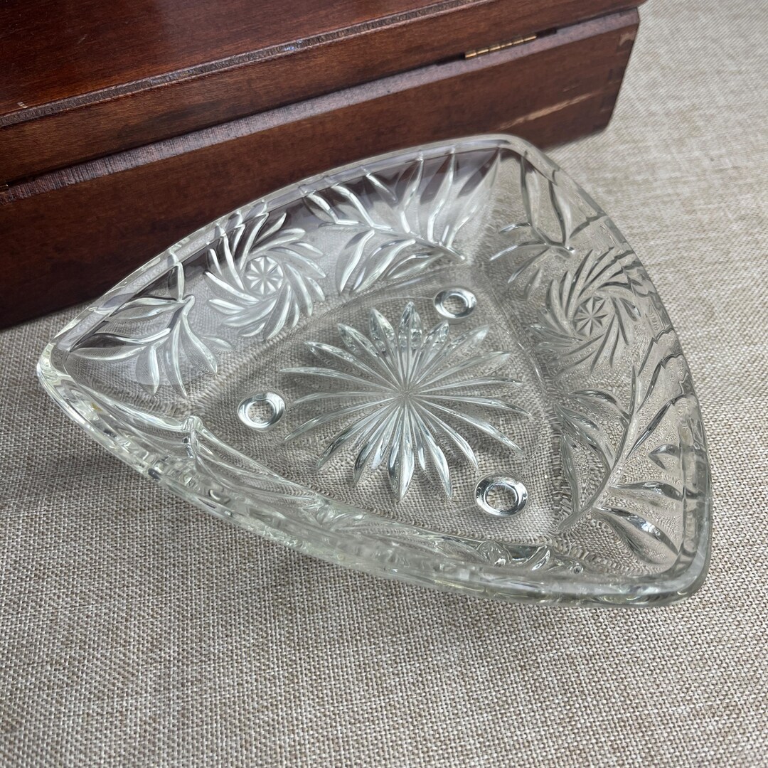 Vintage Pressed Glass Triangular Dish | Floral Star Design, Footed Bowl ...