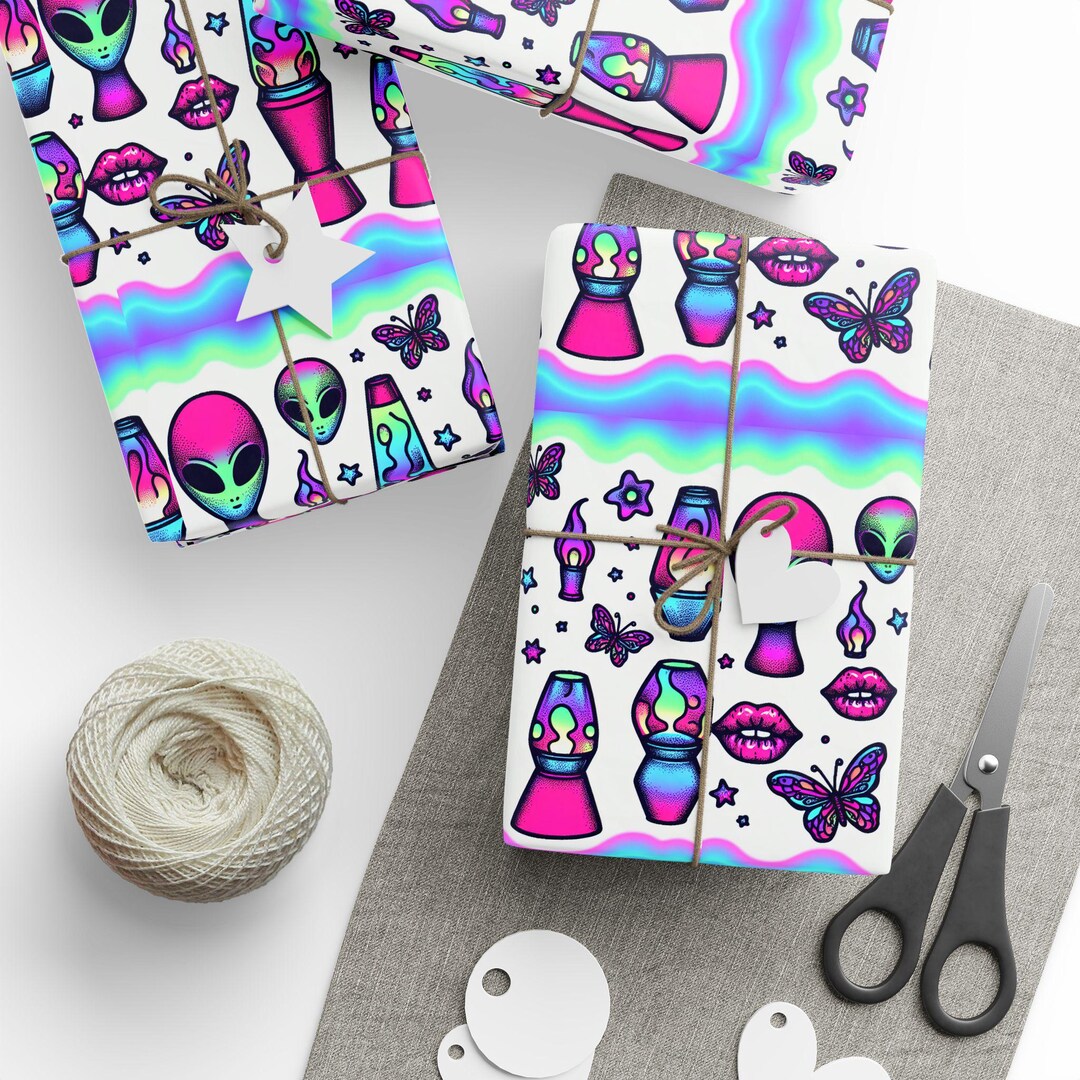 Alien Y2K Nostalgia Gift Wrap Roll , UFO Lovers, Butterfly, Lip & Lava ...