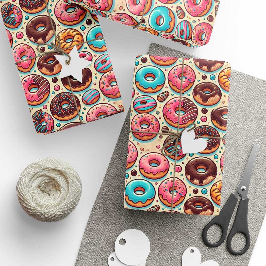Donut Wrapping Paper - Cute Dessert Gift Wrap Sheets, Bakery Themed ...