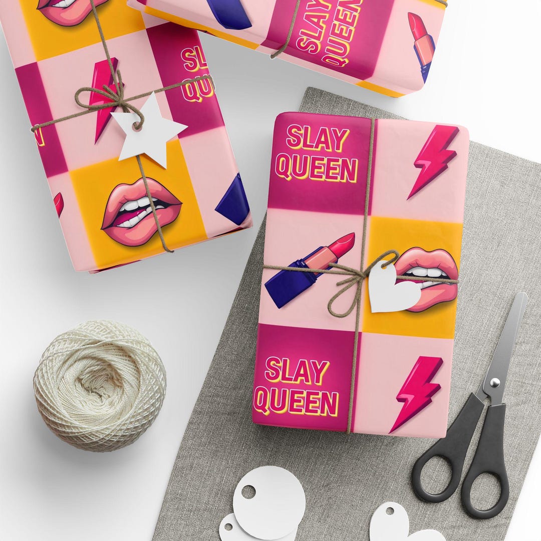 Slay Queen Wrapping Papers, Lips and Lipstick Design, Lightning Bolt ...