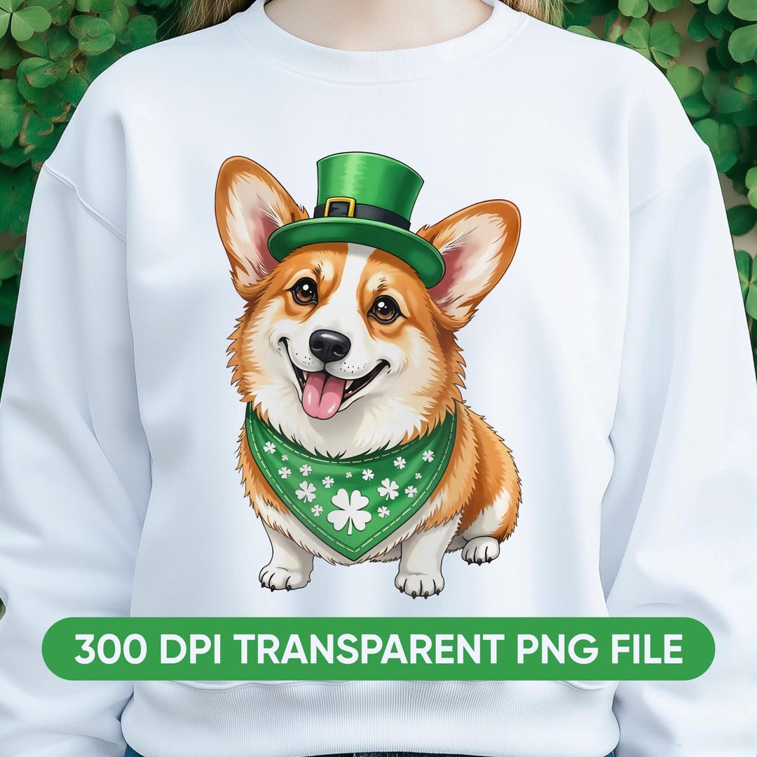 St Patrick’s Day Corgi PNG, Cute Irish Dog Sublimation, Lucky Green Hat ...
