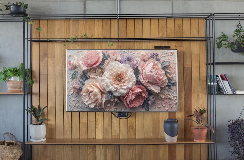 Textured Peony Bouquet Frame TV Art, Pastel Floral Digital Download ...
