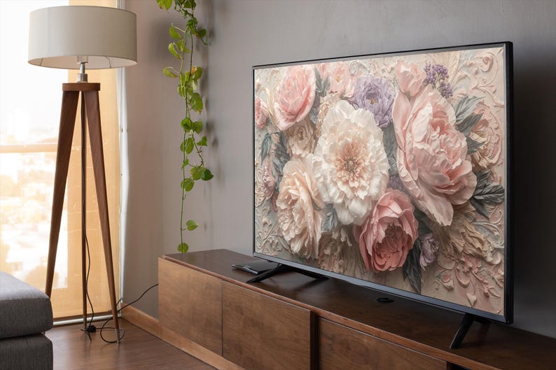 Textured Peony Frame TV Art, Samsung Frame TV Pastel Floral Bouquet ...