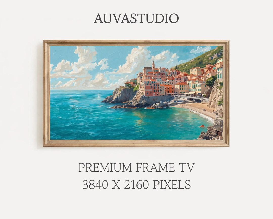 Coastal Italy Frame TV Art, Mediterranean Village Painting No. 70 - Etsy