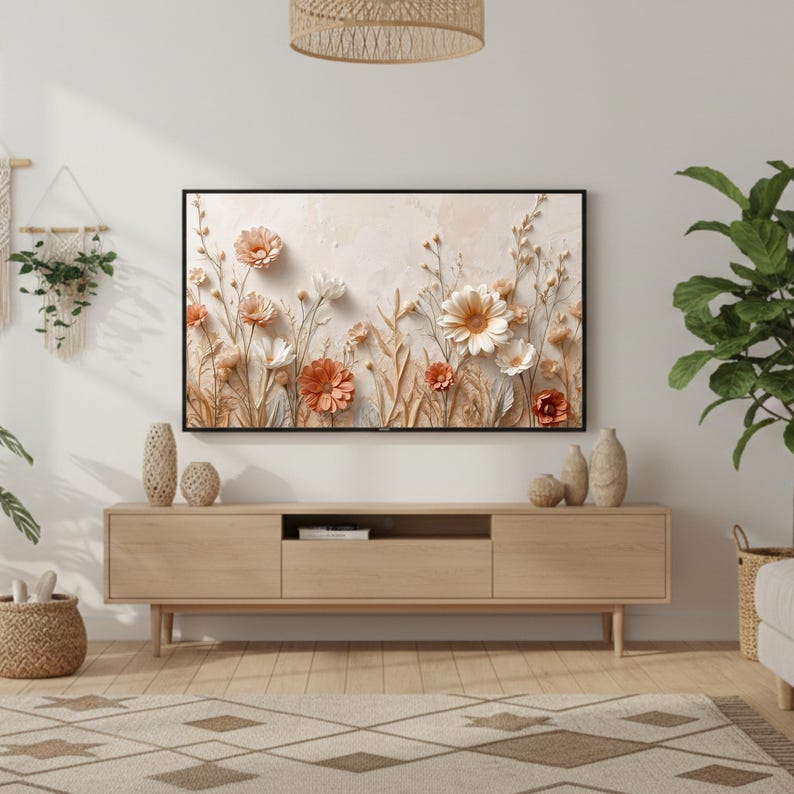 Textured Floral Samsung Frame TV Art, Neutral Botanical Digital ...