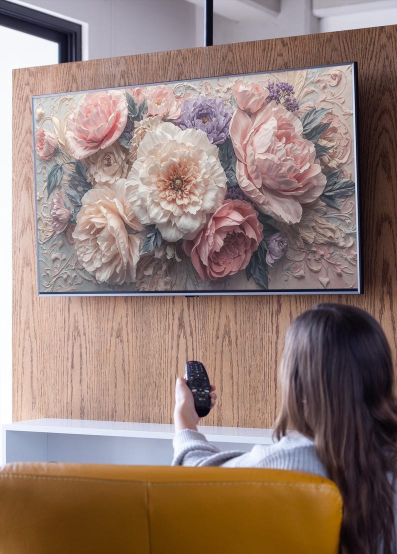 Textured Peony Frame TV Art, Samsung Frame TV Pastel Floral Bouquet ...