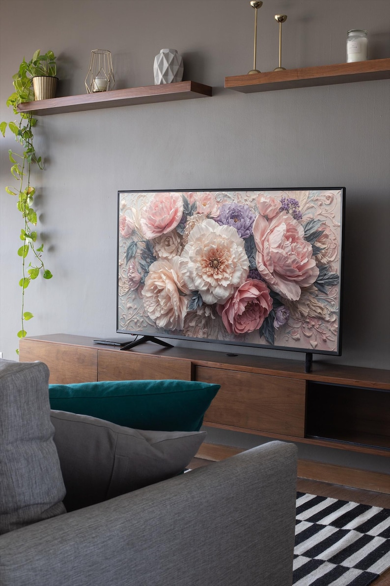 Textured Peony Frame TV Art, Samsung Frame TV Pastel Floral Bouquet ...