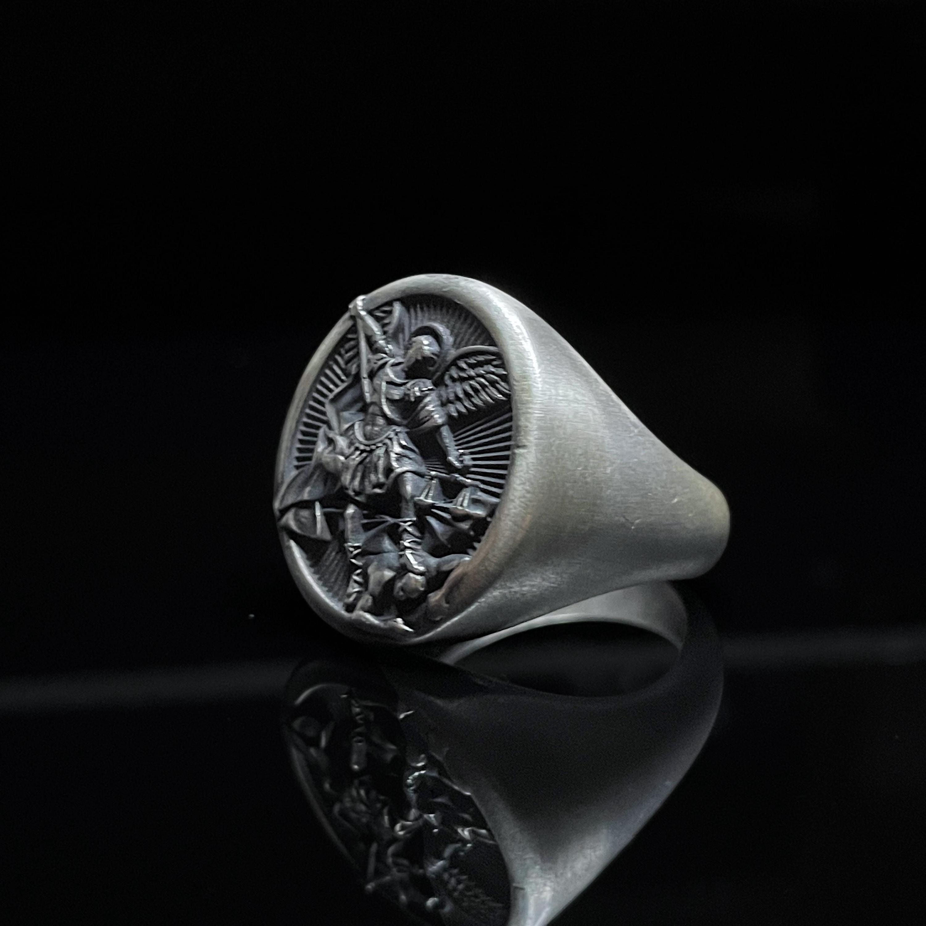 Archangel Saint Michael Signet Ring, 925k Men's Silver Band Ring ...