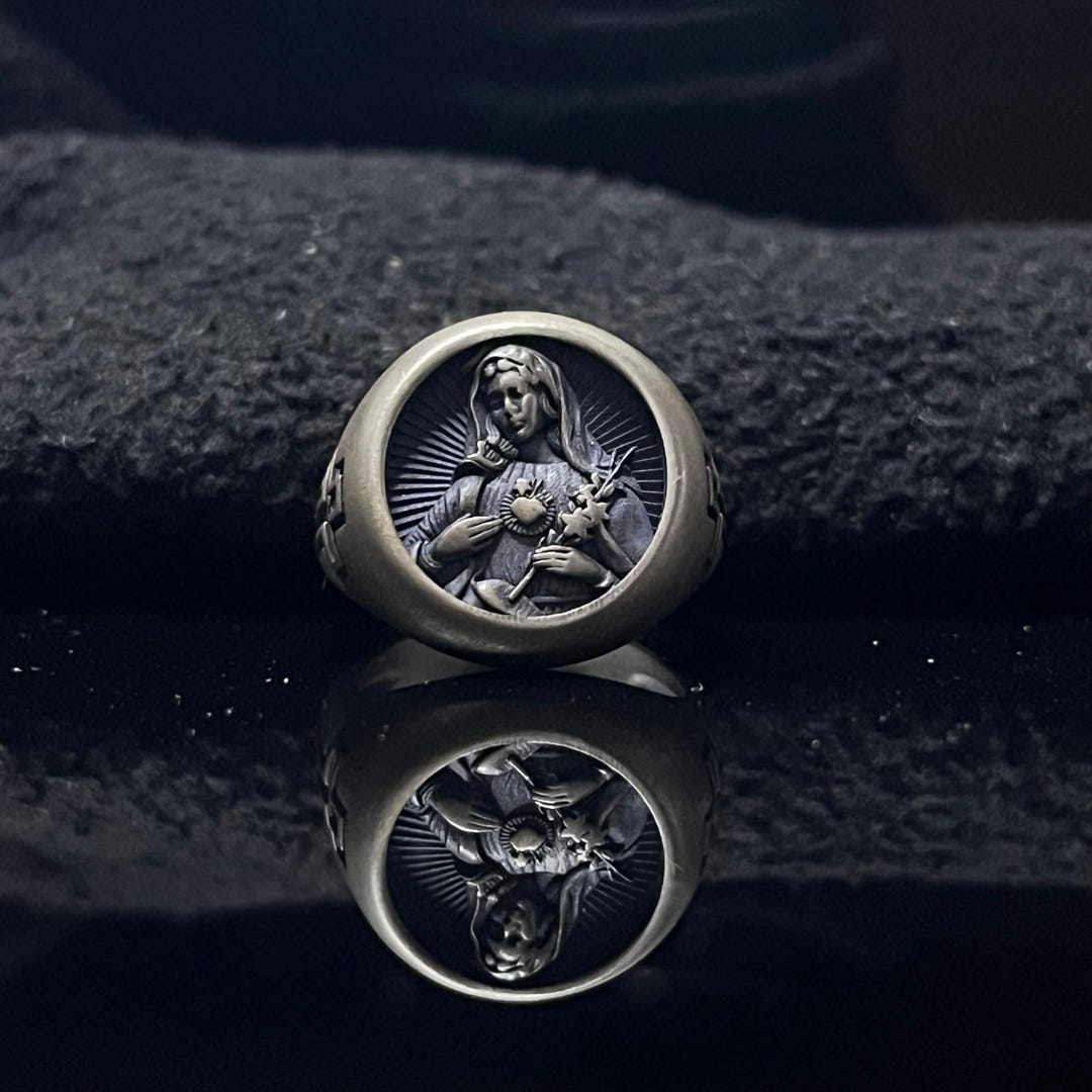 Silver Virgin Mary Sacred Heart Cross Ring, Religious Jewelry Mom Gift ...