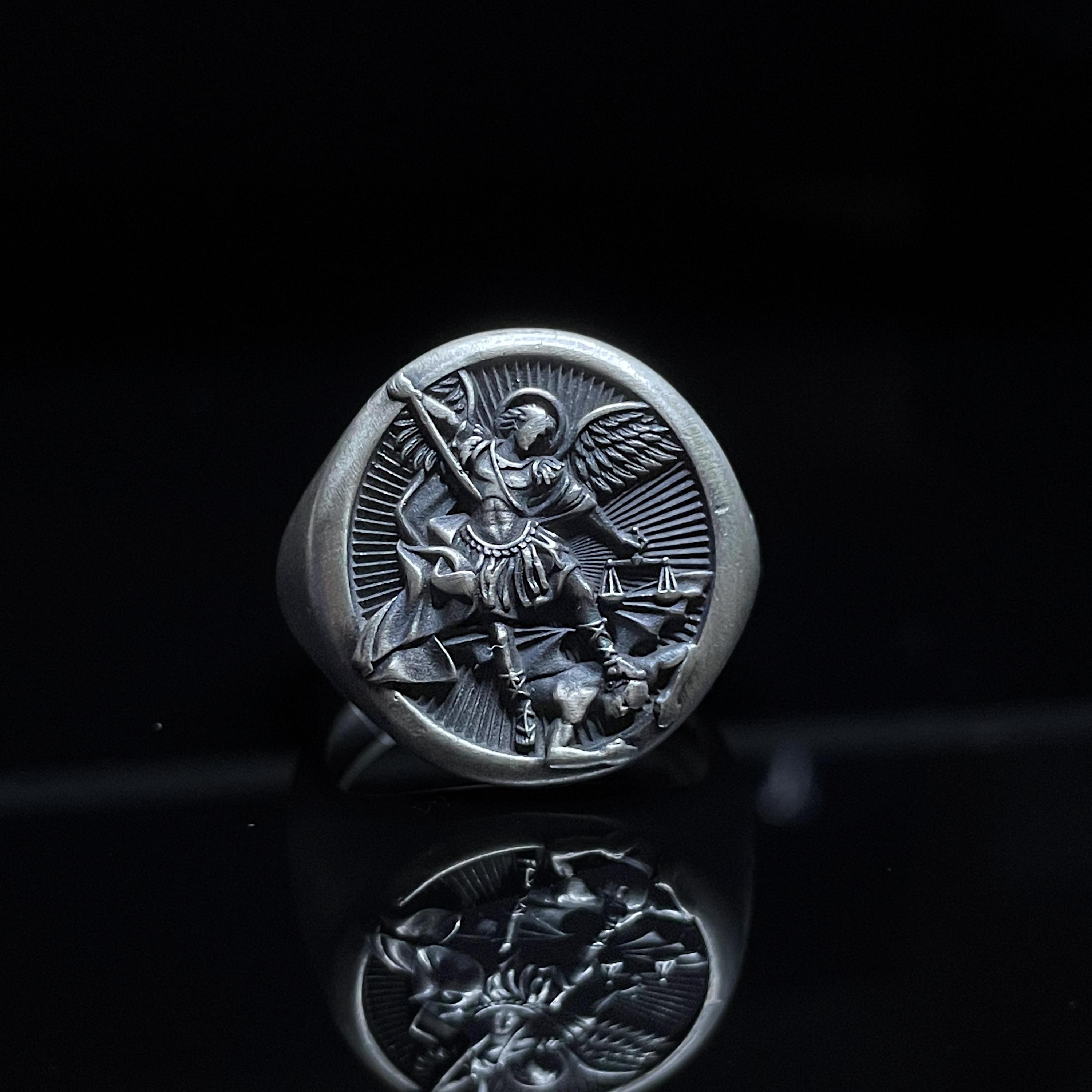 Archangel Saint Michael Signet Ring, 925k Men's Silver Band Ring ...