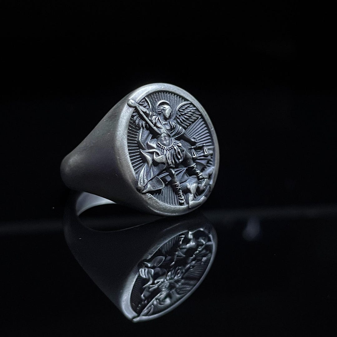 Archangel Saint Michael Signet Ring, 925k Men's Silver Band Ring ...