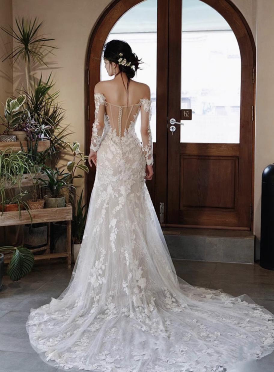 Elegant Off-shoulder Lace Wedding Dress Long Sleeve Bridal Gown With ...