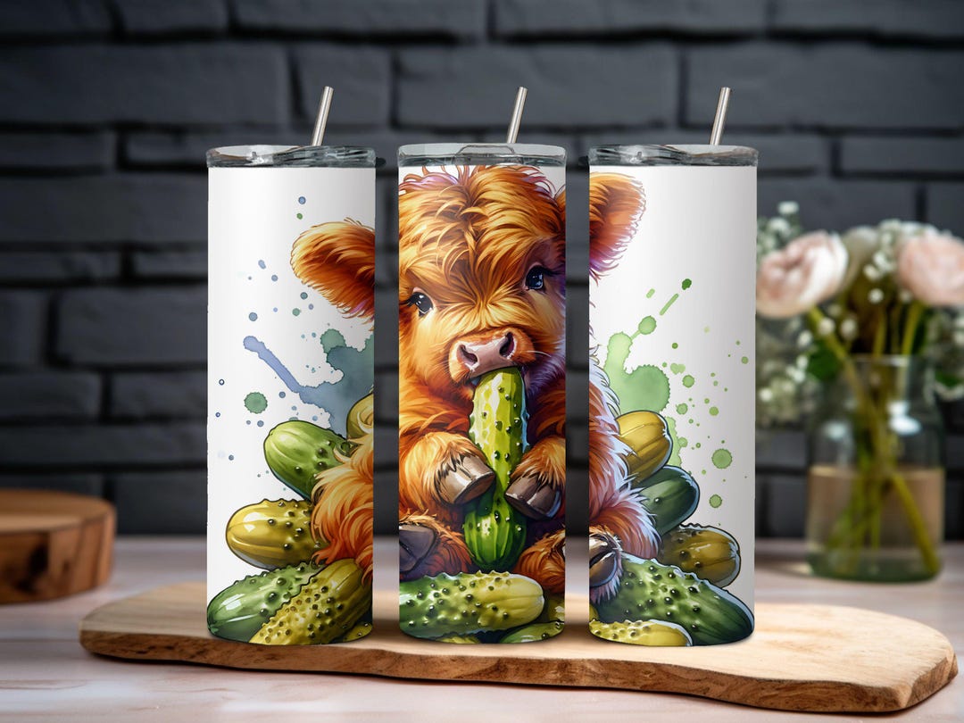 Highland Cow Eating a Pickle, Sitting on a Pile of Pickles. 20 Oz ...