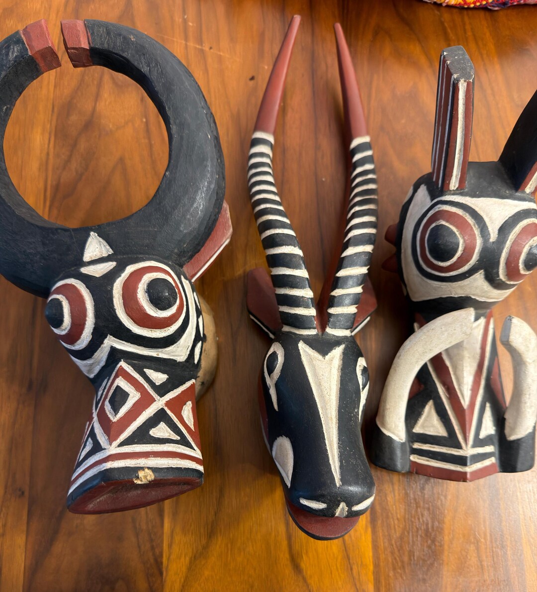 All Three Hand-carved African Animal Wall Masks – Tribal Wood Decor Set ...