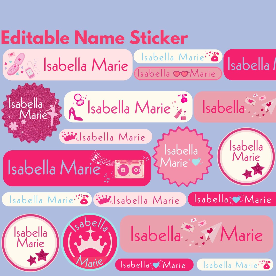 Back to School Editable Name Sticker, Kids School Template, Barbie Name ...