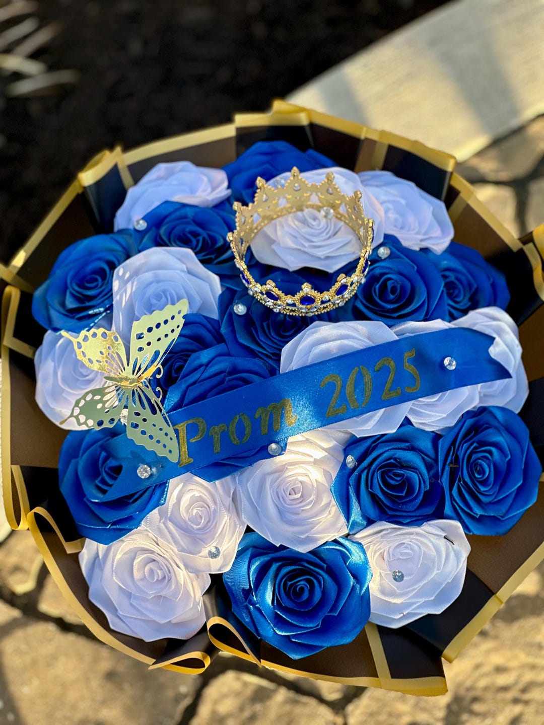 Prom Bouquet 2025 With Crown – Custom Ribbon Flower Arrangement – Blue ...