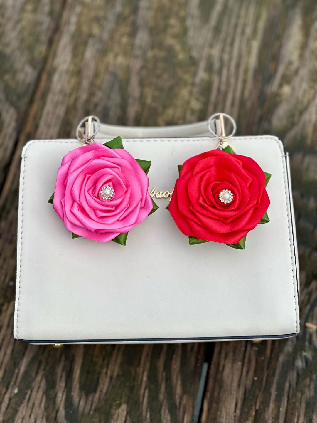 Red Rose Keychain, Elegant Flower Bag Charm, Silk Floral Key Ring ...