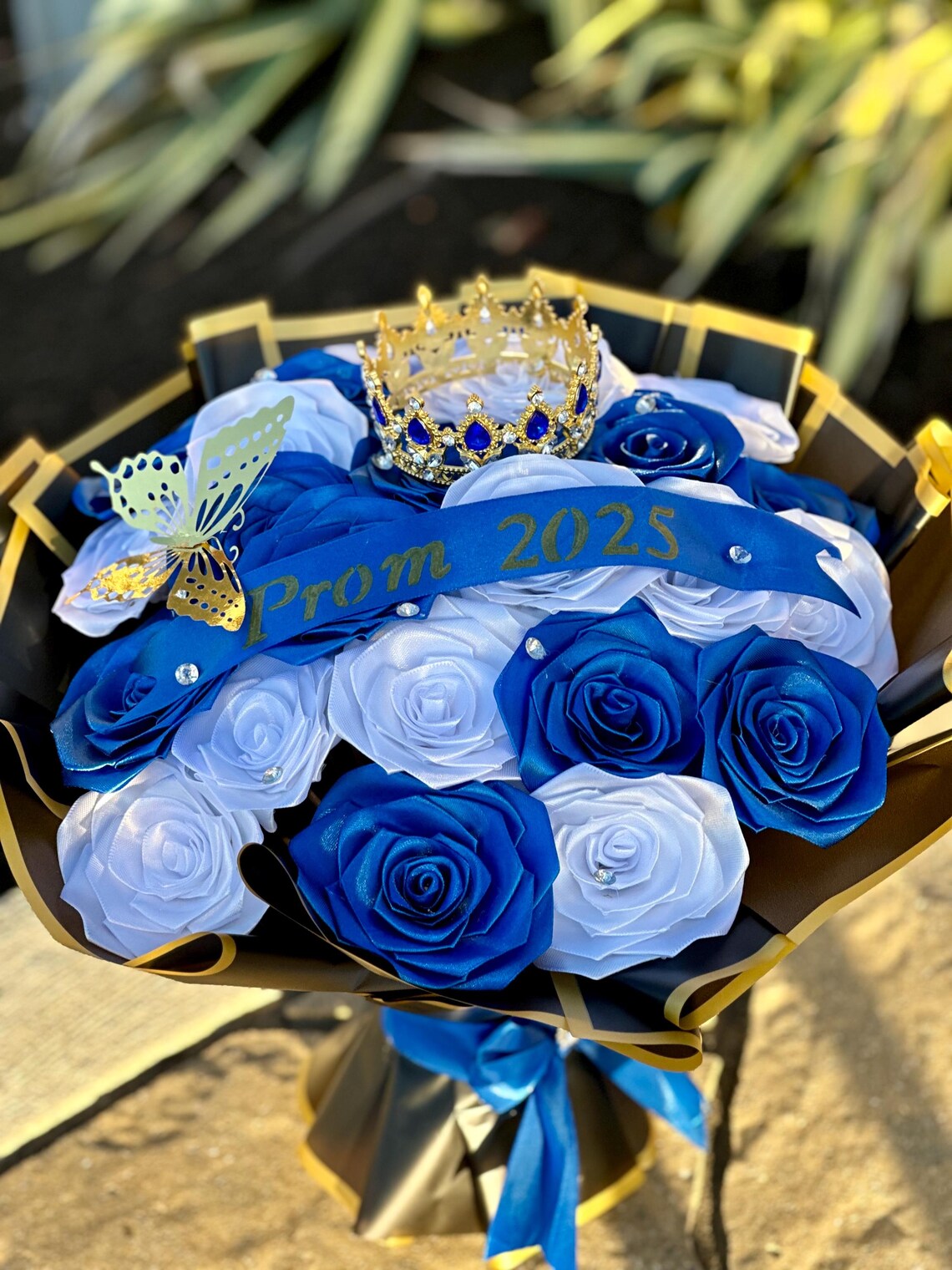 Prom Bouquet 2025 With Crown – Custom Ribbon Flower Arrangement – Blue ...