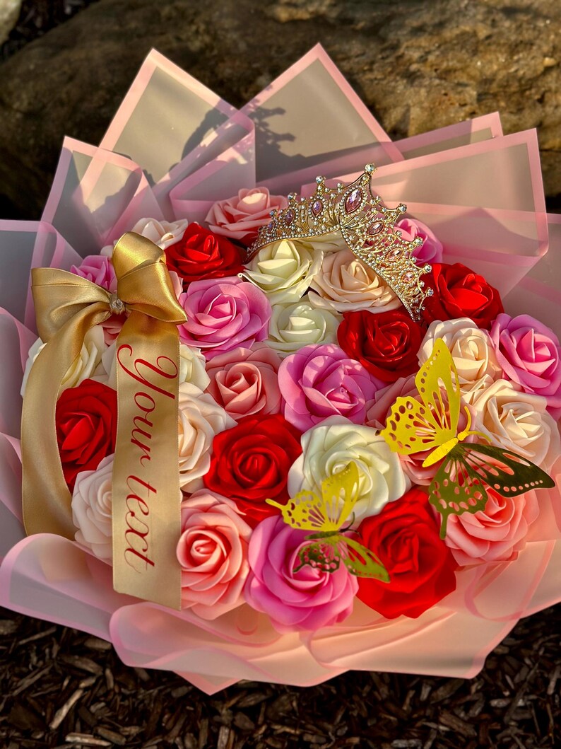 Foam Rose Flower Bouquet With Crown, Butterflies & Custom Ribbon ...