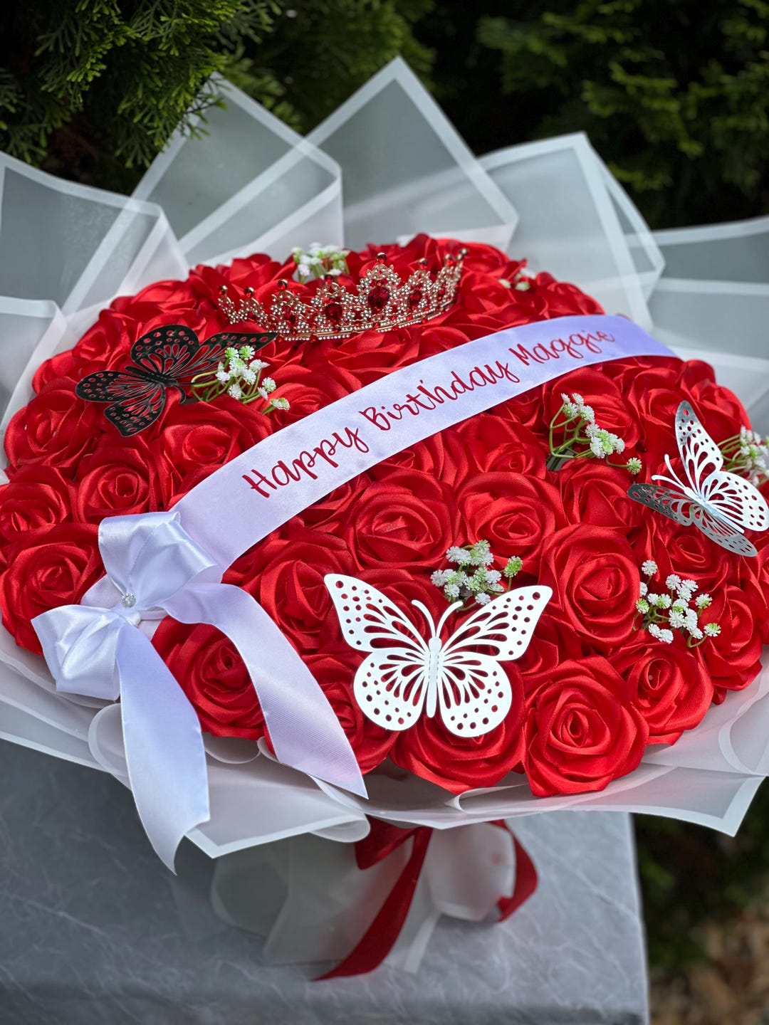 Personalized Red Rose Bouquet, Handmade Flower Arrangement, Birthday ...