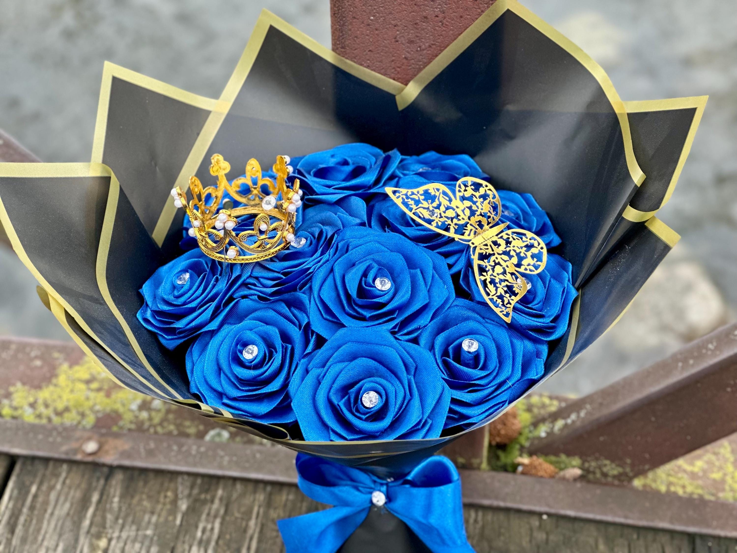 Royal Blue Artificial Eternal Rose Bouquet With Crown & Butterfly ...
