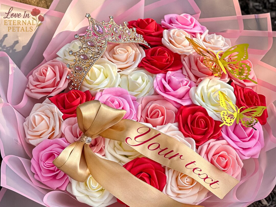 Foam Rose Flower Bouquet With Crown, Butterflies & Custom Ribbon ...