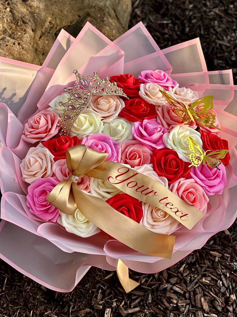 Foam Rose Flower Bouquet With Crown, Butterflies & Custom Ribbon ...
