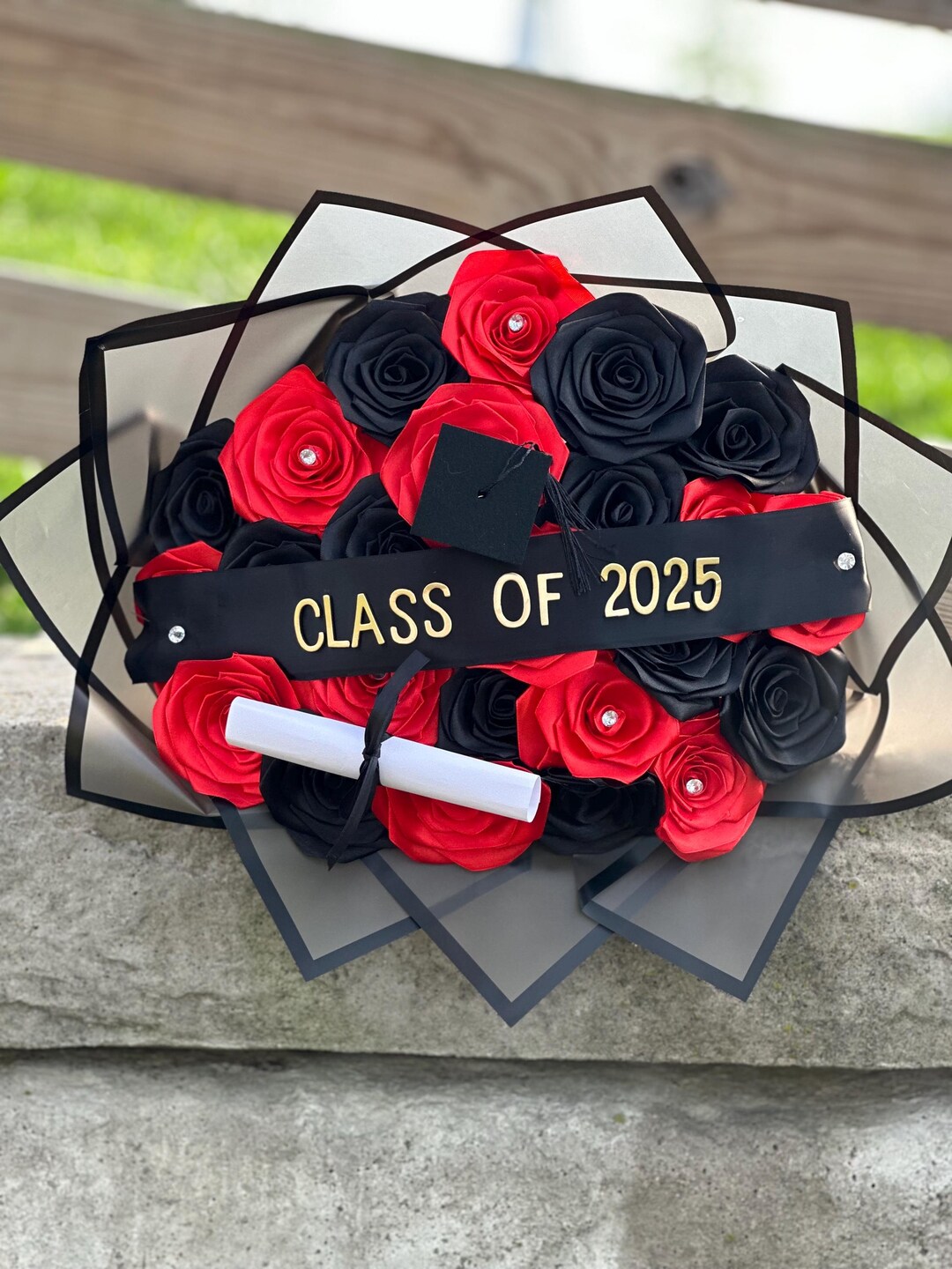 Class of 2025 Graduation Bouquet – Red & Black Faux Rose Gift With Cap ...