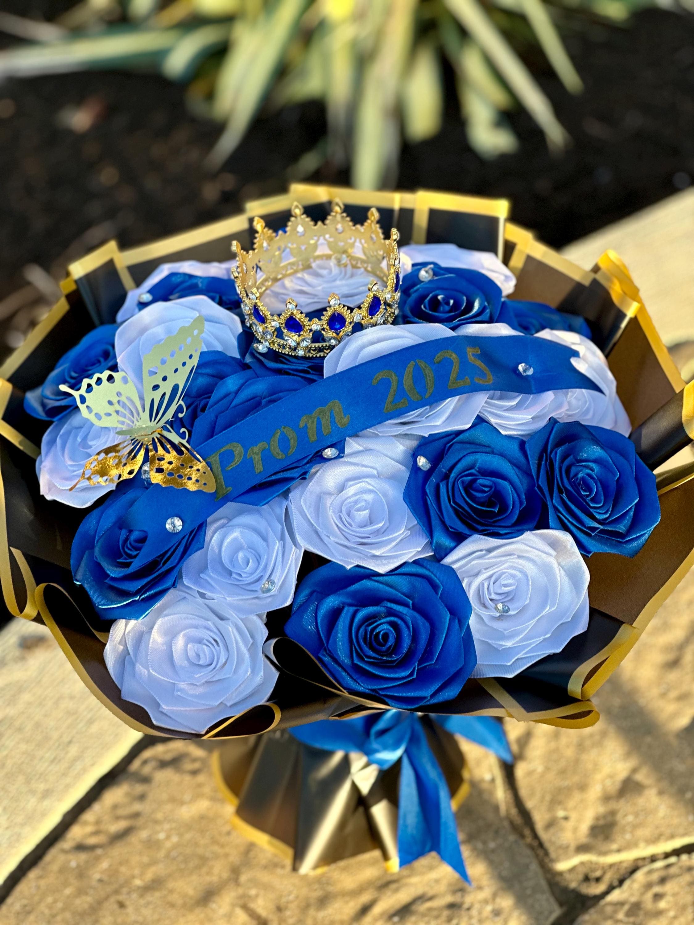 Prom Bouquet 2025 With Crown – Custom Ribbon Flower Arrangement – Blue ...
