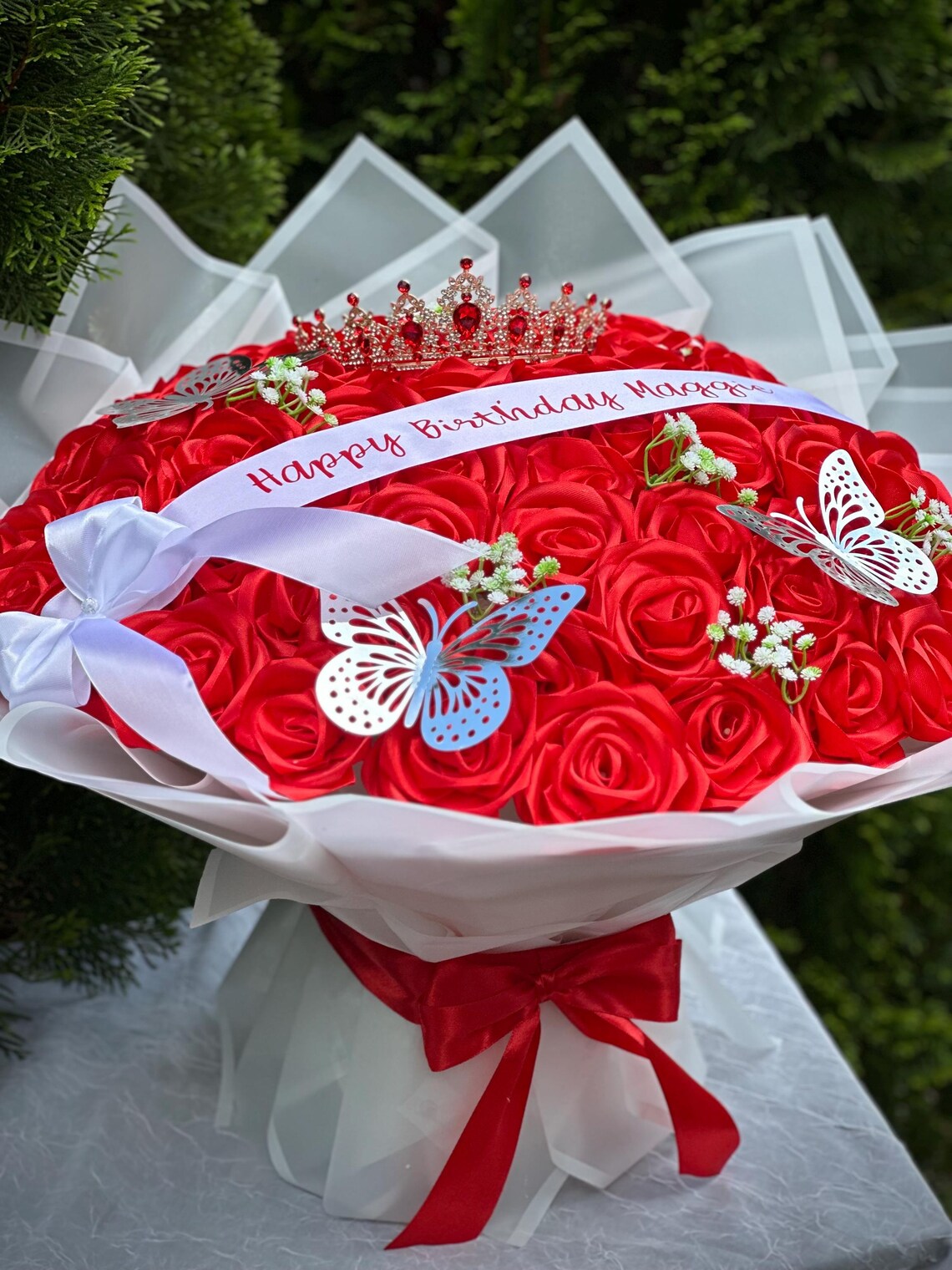 Personalized Red Rose Bouquet, Handmade Flower Arrangement, Birthday ...