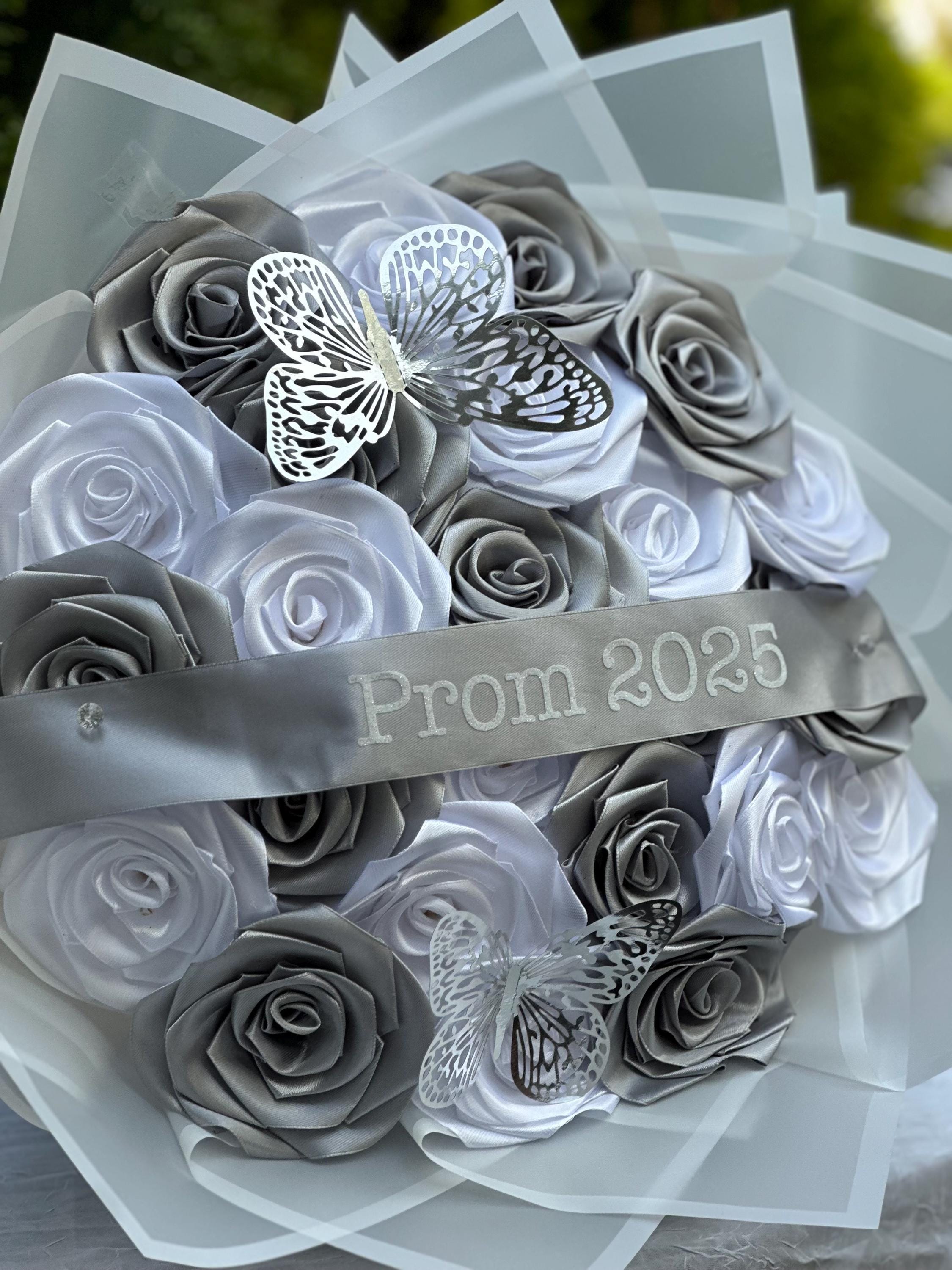 Prom Bouquet 2025 With Custom Text – Gray & White Ribbon Rose Flowers ...