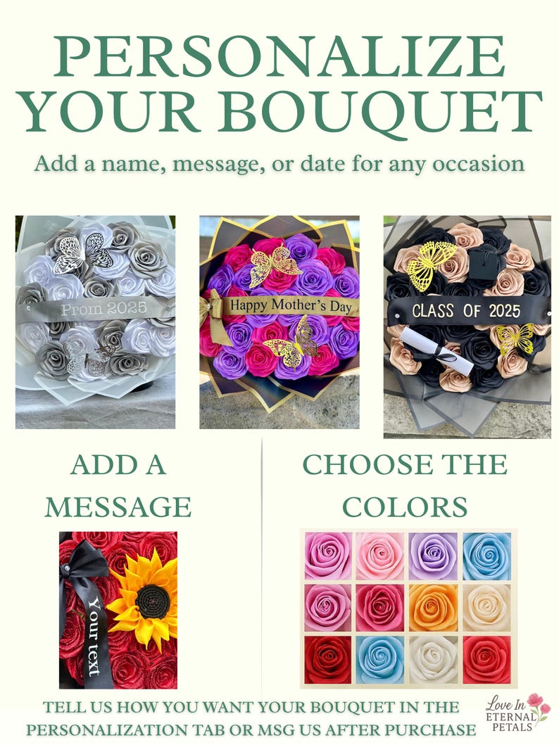 Prom Bouquet 2025 With Custom Text – Gray & White Ribbon Rose Flowers ...