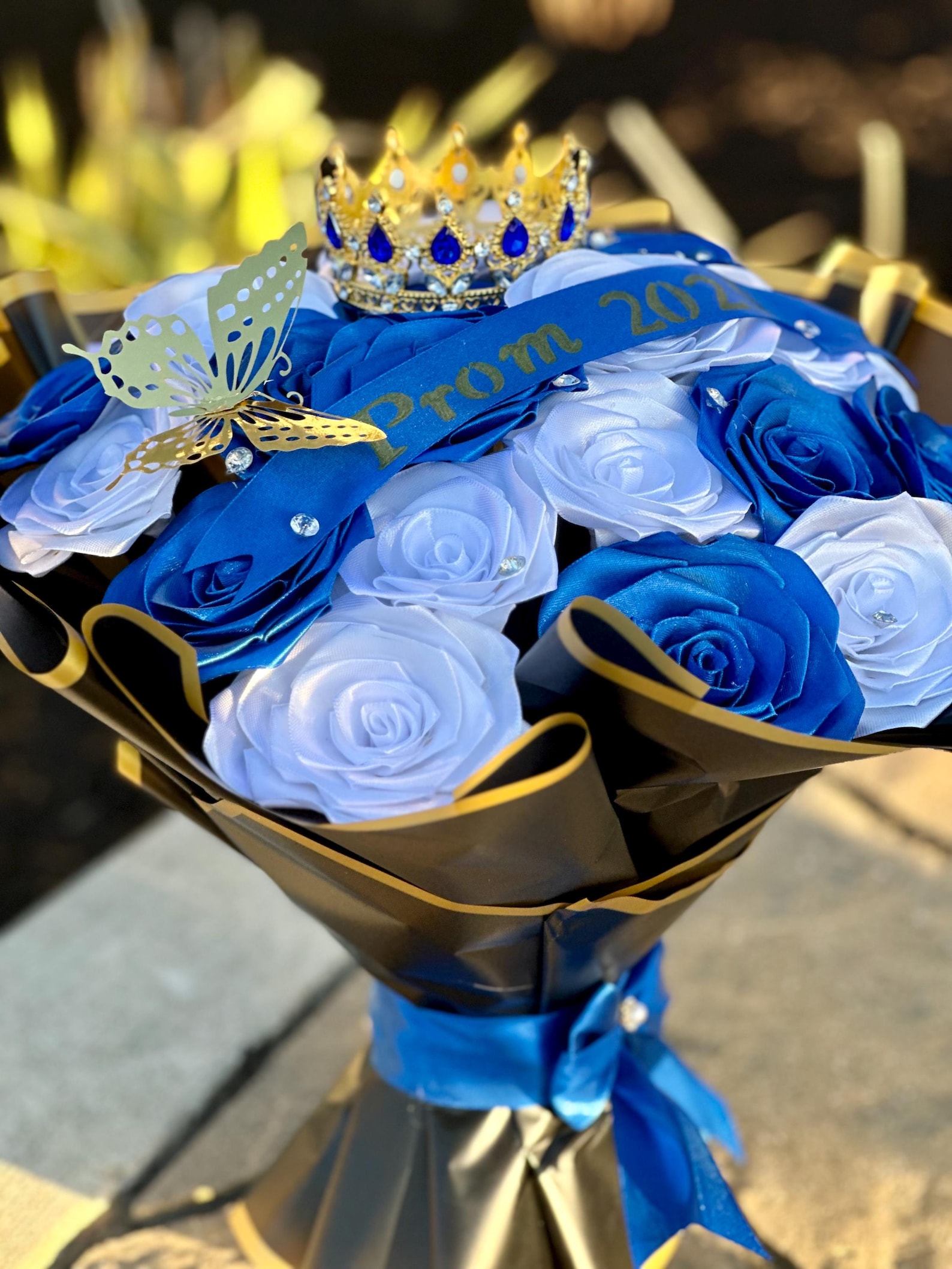 Prom Bouquet 2025 With Crown – Custom Ribbon Flower Arrangement – Blue ...