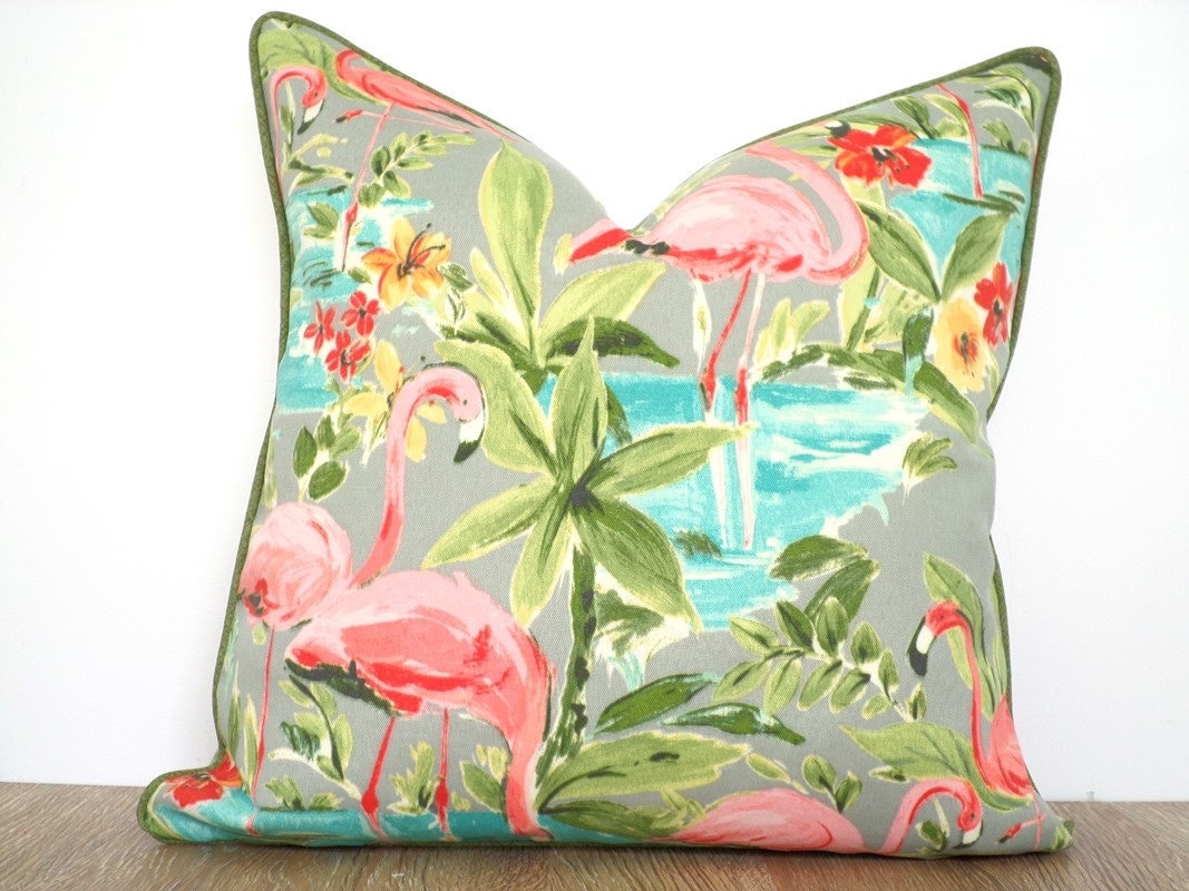 Flamingo pillow cover 18x18 tropical decor green outdoor | Etsy