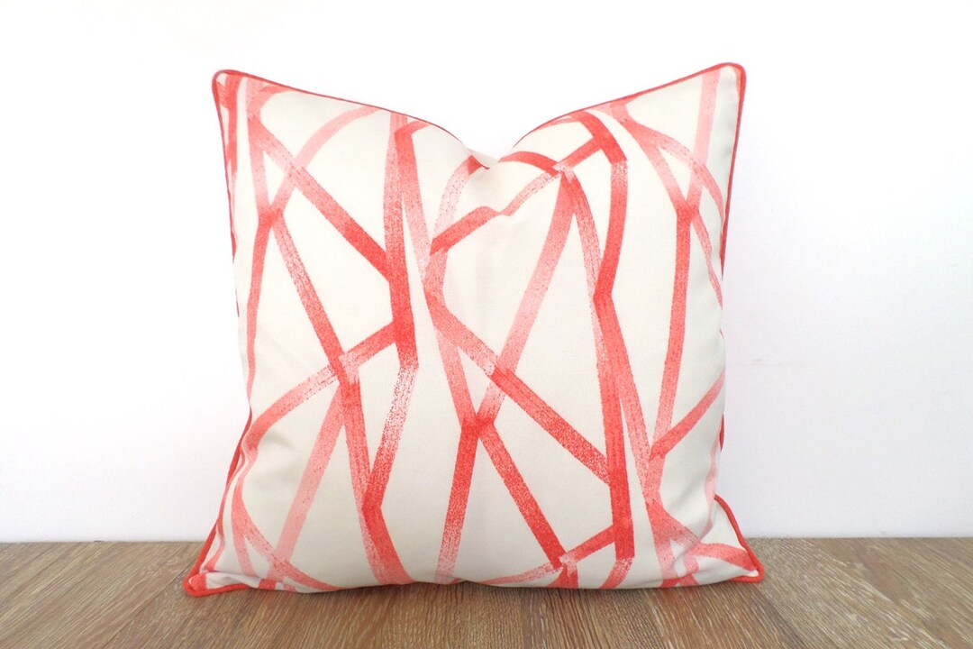 Coral Outdoor Pillow Cover With Abstract Linear Lines & Matching Piping ...