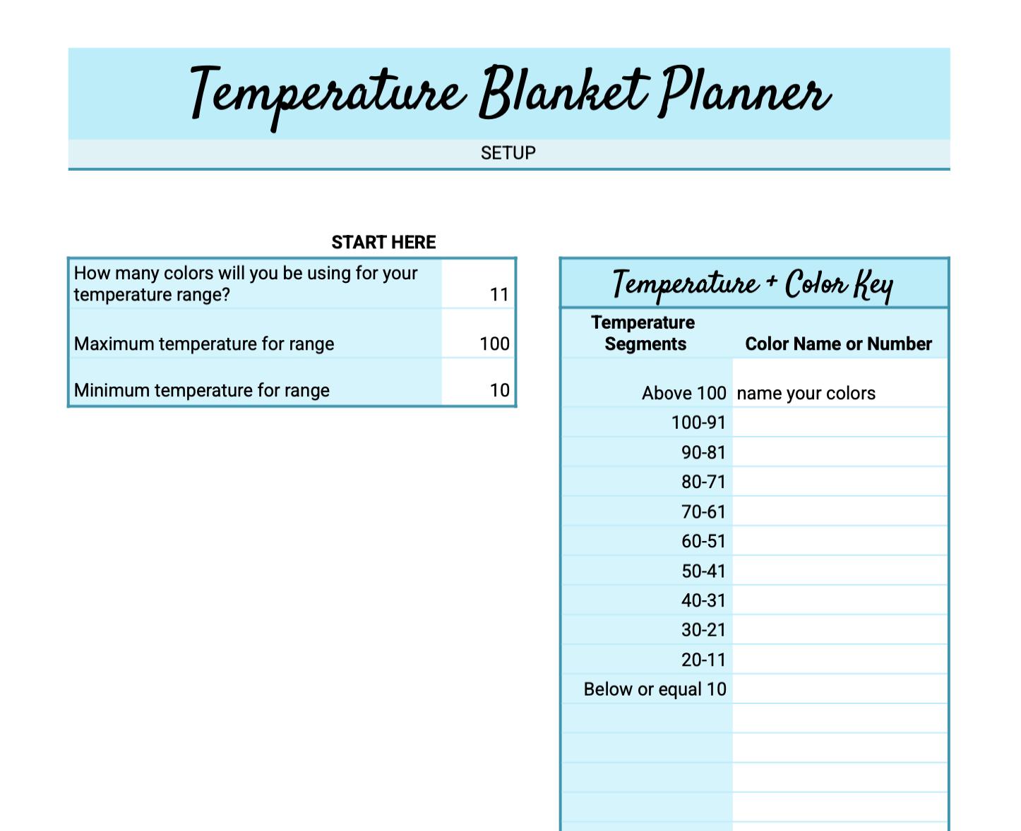 Temperature Blanket Planner - Google Sheets Spreadsheet With Formulas ...