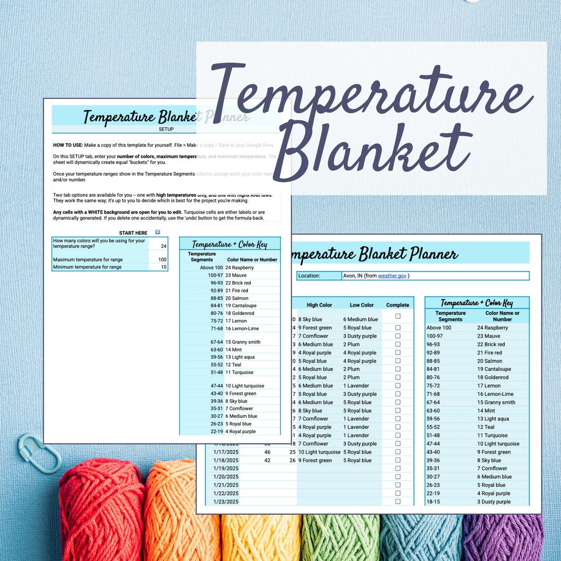 Temperature Blanket Planner - Google Sheets Spreadsheet With Formulas ...