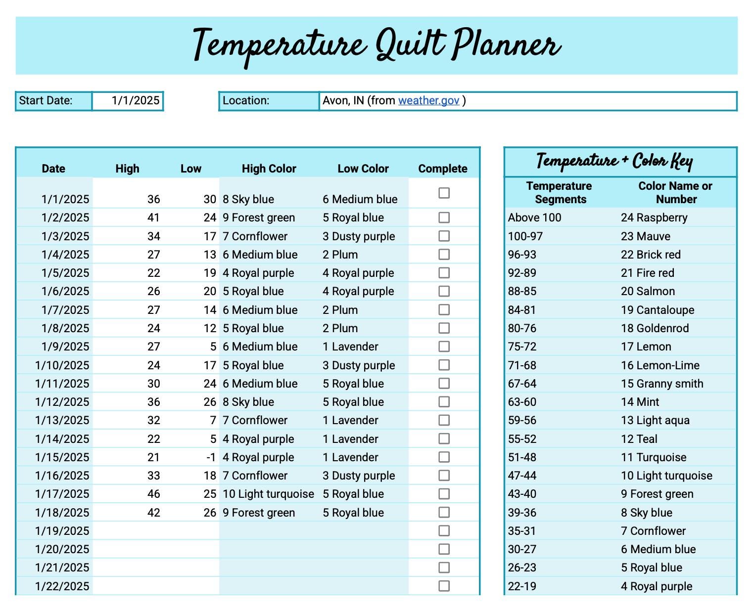 Temperature Quilt Planner - Google Sheets Spreadsheet With Formulas to ...