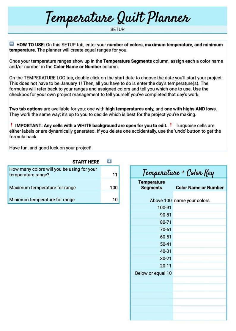 Temperature Quilt Planner - Google Sheets Spreadsheet With Formulas to ...