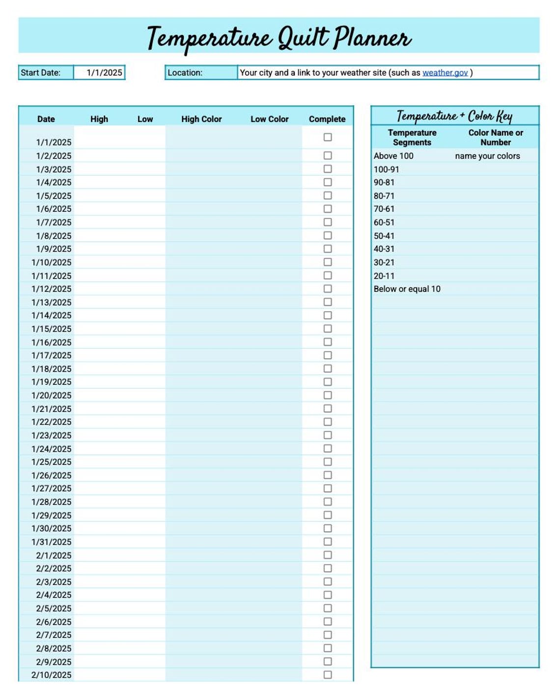 Temperature Quilt Planner - Google Sheets Spreadsheet With Formulas to ...