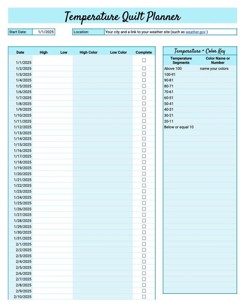 Temperature Quilt Planner - Google Sheets Spreadsheet With Formulas to ...