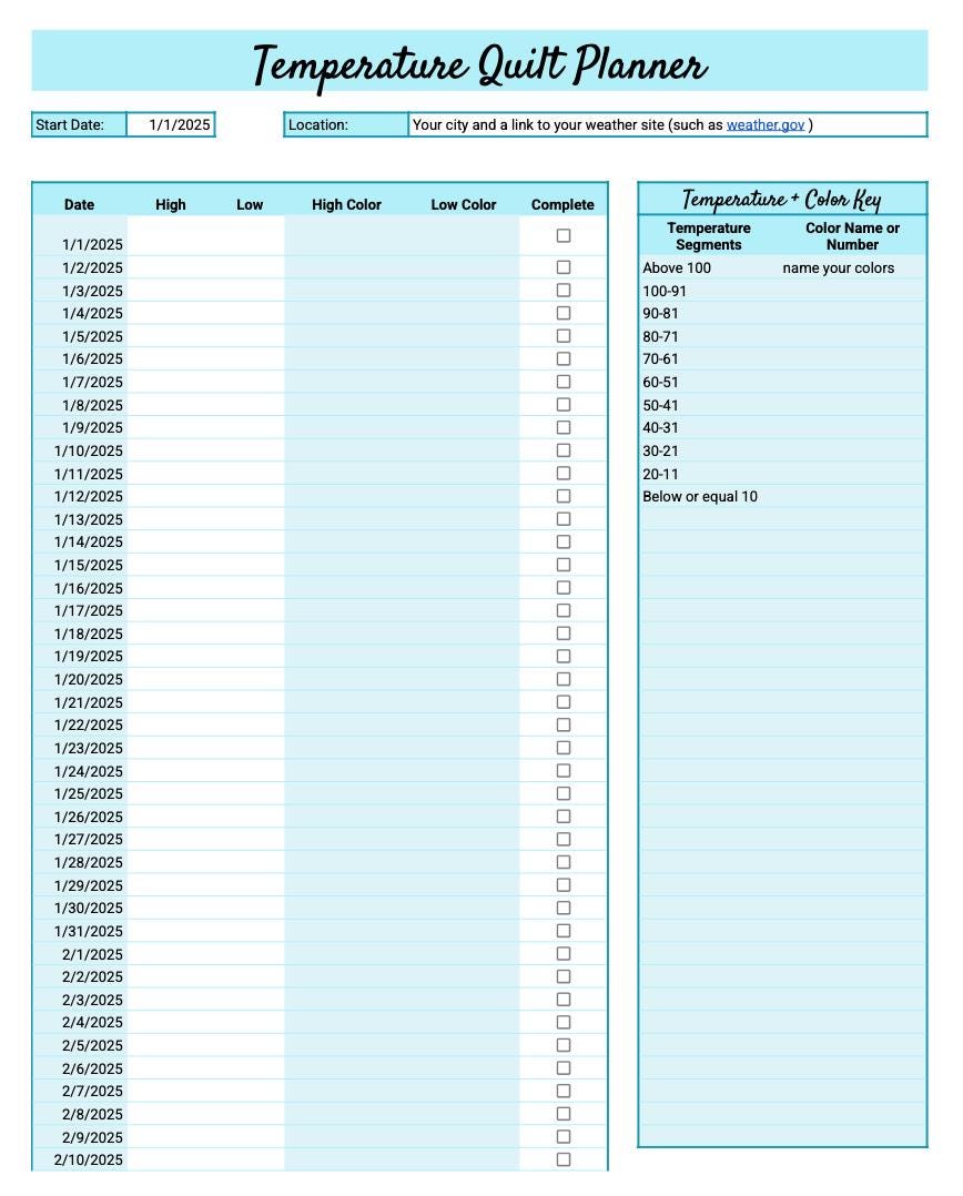 Temperature Quilt Planner - Google Sheets Spreadsheet With Formulas to ...