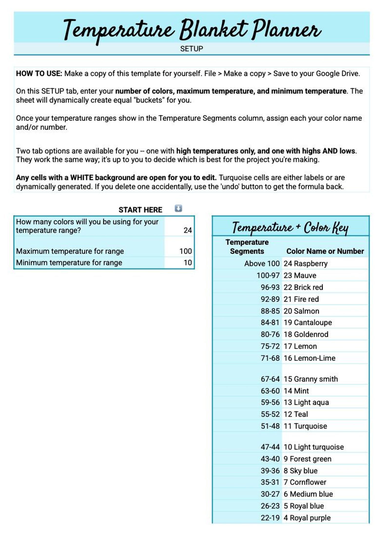 Temperature Blanket Planner - Google Sheets Spreadsheet With Formulas ...