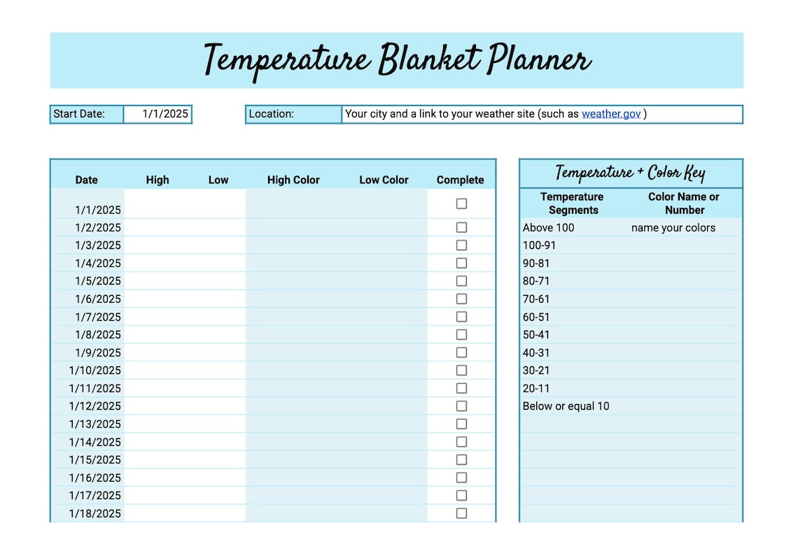 Temperature Blanket Planner - Google Sheets Spreadsheet With Formulas ...