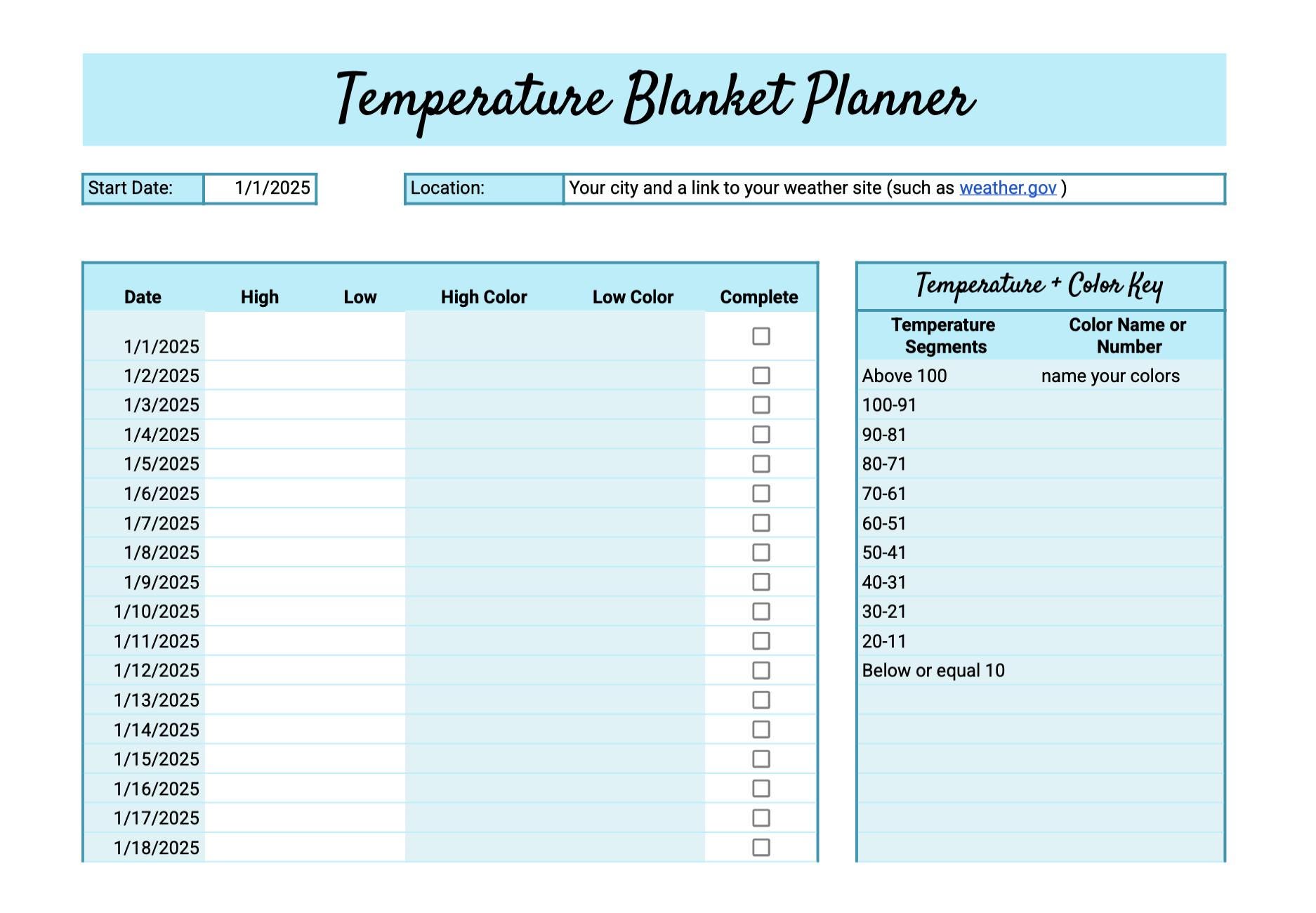 Temperature Blanket Planner - Google Sheets Spreadsheet With Formulas ...